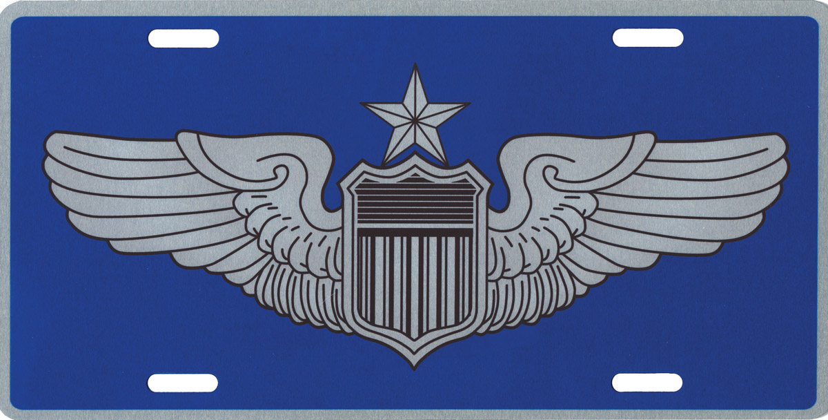 License Plate, Silver, USAF Senior Pilot Wings on Blue
