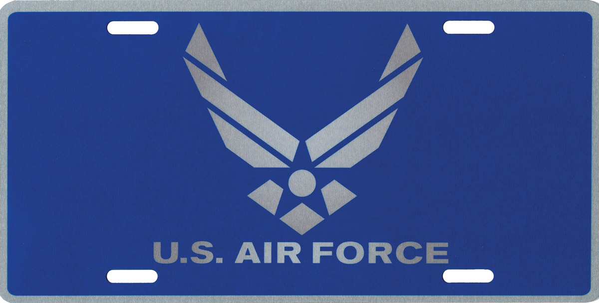 License Plate, Silver, USAF with Emblem on Blue Background